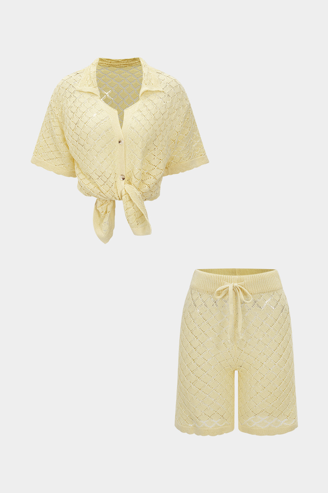 Knit Hollow Out Button Short-Sleeve And Drawstring Shorts Set – Micas