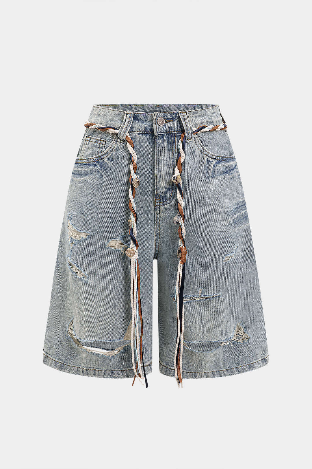 Denim Ripped Pocket Shorts With Belt – Micas