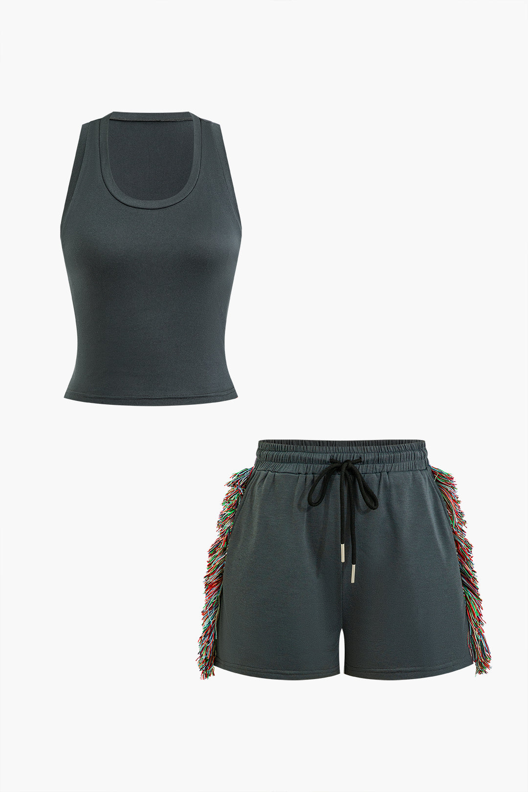 Solid Tank Top And Fringe Drawstring Shorts Set – Micas