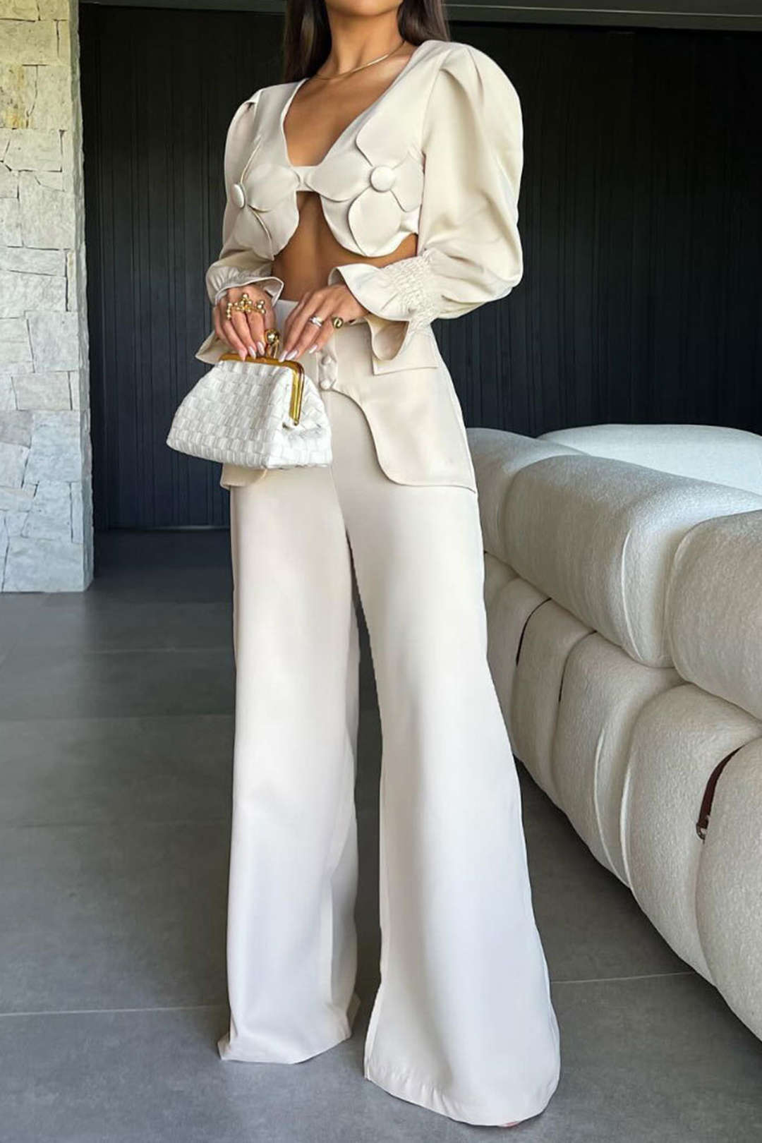 3D Floral Zipper Long Sleeve Top And Fake Pocket Wide Leg Trousers Set – Micas