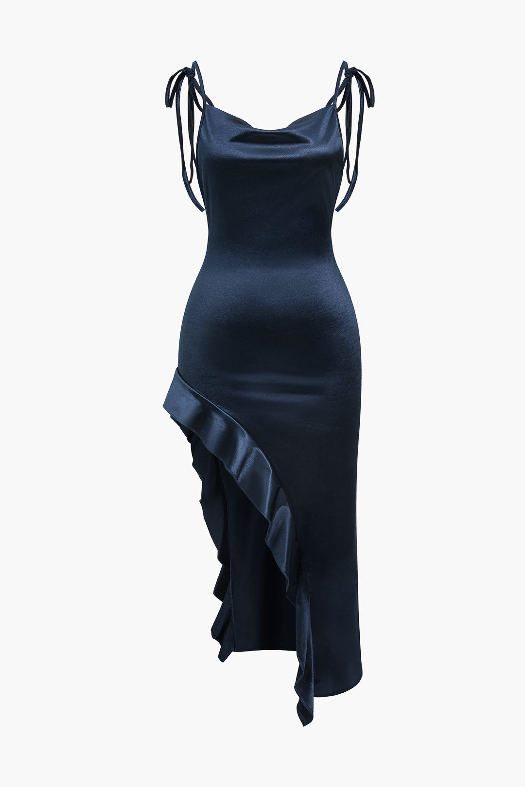 Solid Backless Asymmetrical Tie-Up Ruffle Midi Dress – Micas