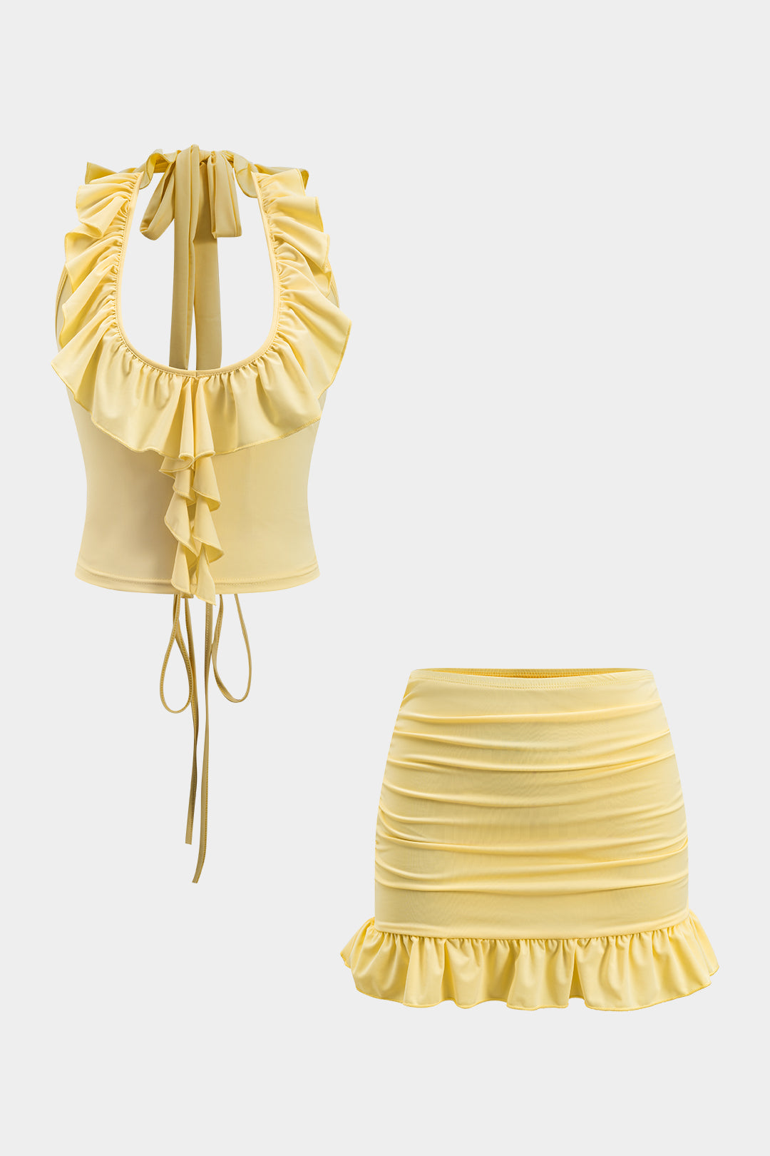 Ruched Ruffle Tie-Up Backless Top And Skirt Set – Micas