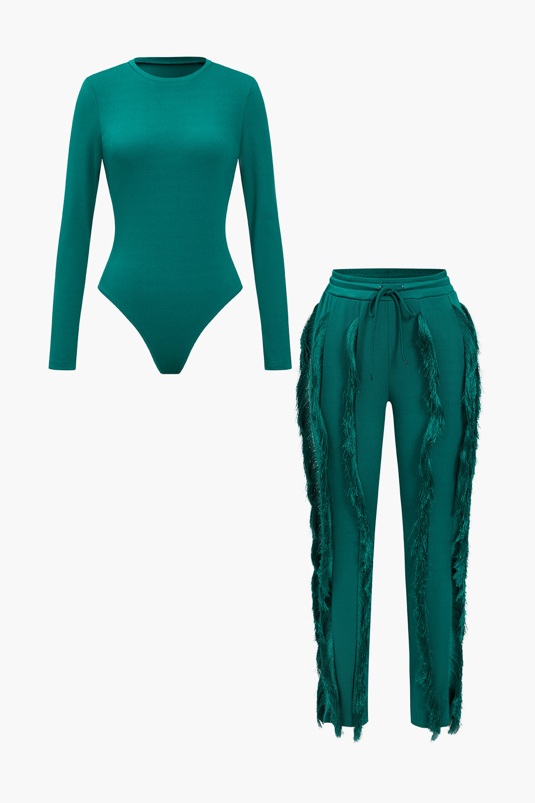 Solid Long-Sleeve Bosysuit And Fringe Trouser Set – Micas