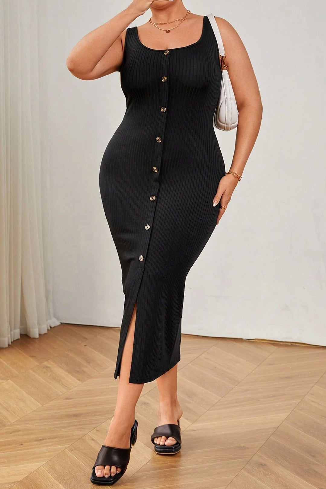 Plus Size Solid Button Slit Midi Dress – Micas