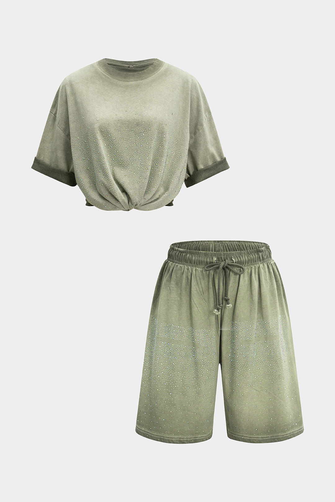 Rhinestone Short-Sleeve T-shirt And High Waist Drawstring Shorts Set – Micas