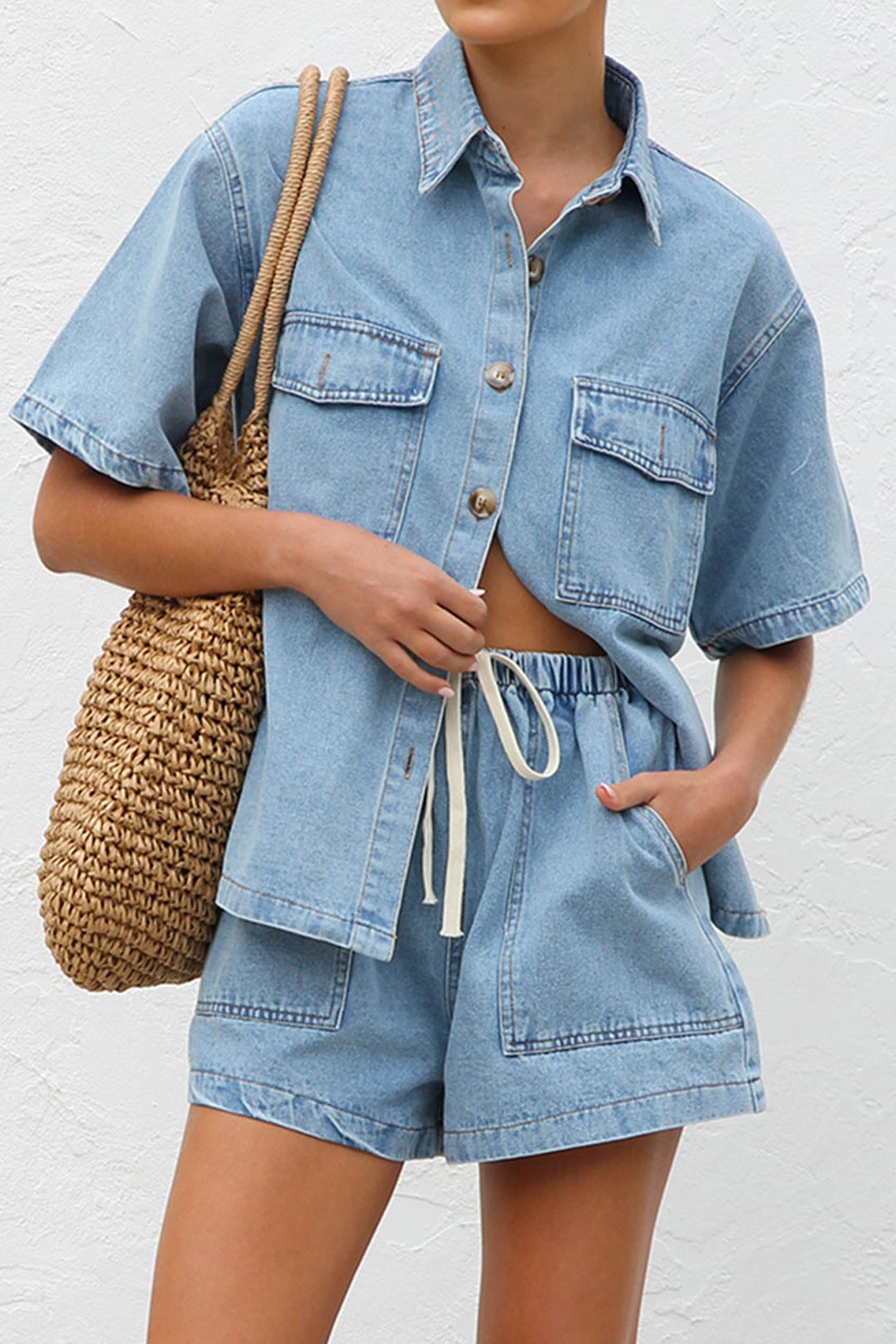 Denim Pocket Short Sleeve Shirt And Drawstring Shorts Set – Micas