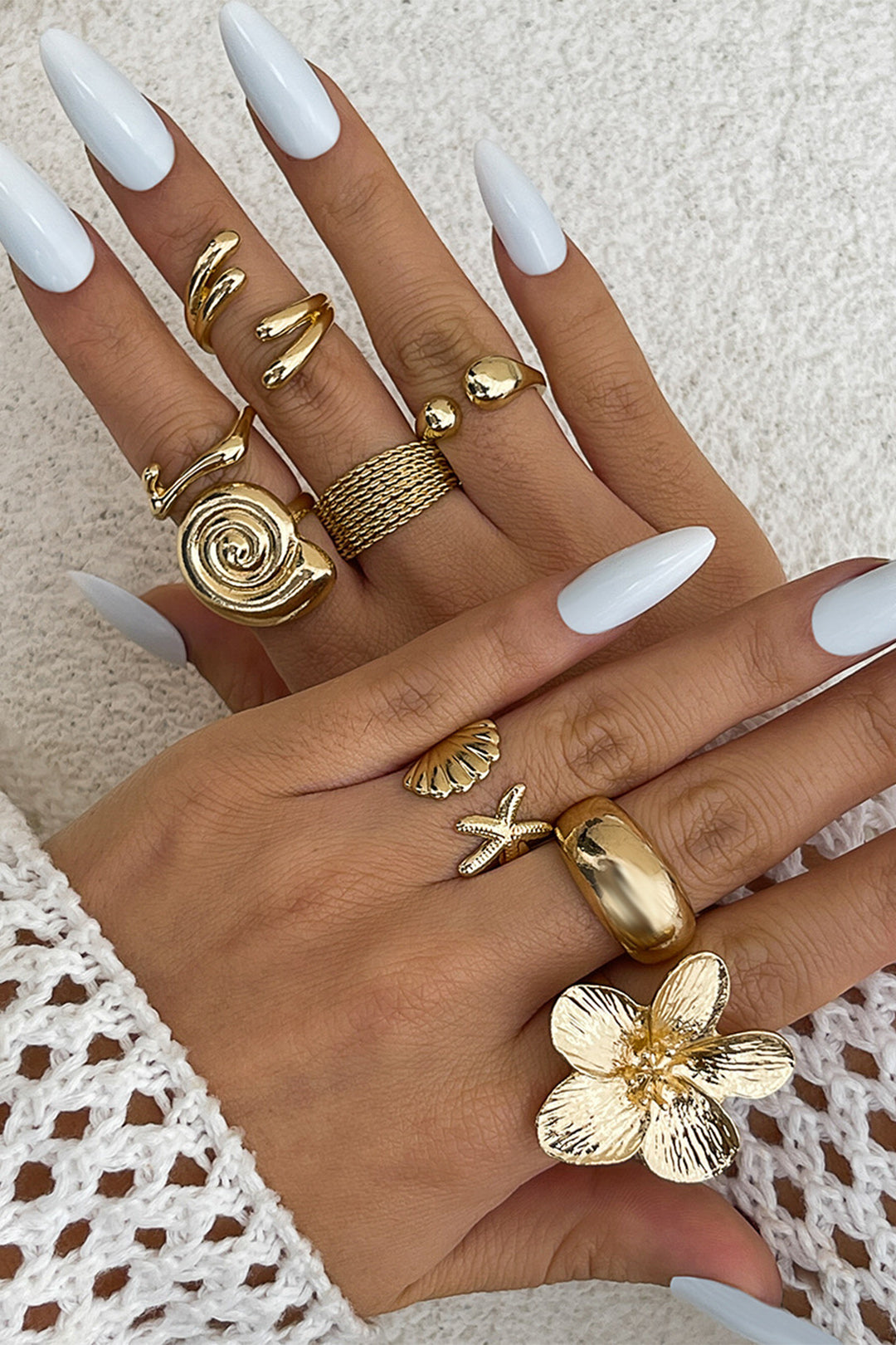 Shell Starfish Flower Irregular Metallic Open Ring Set – Micas