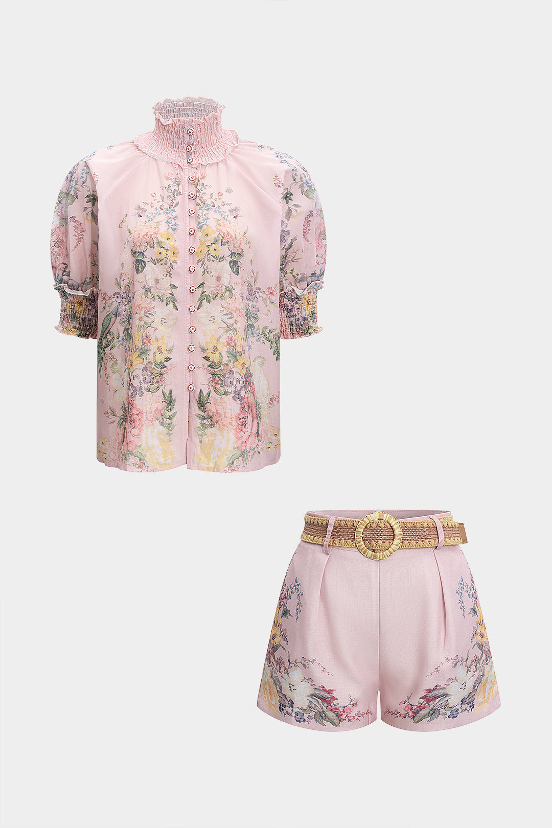 Floral Print Linen Smocked Button Puff Sleeve Shirt And Belted Ruched – Micas