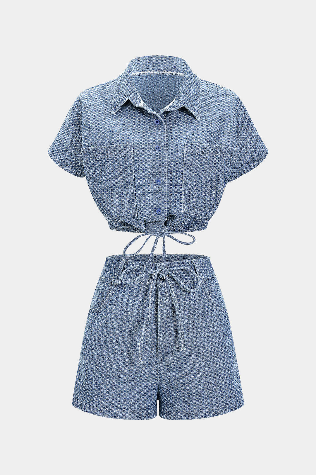 Denim Button Tie-Up Short-Sleeve Shirt And Drawstring Shorts Set – Micas