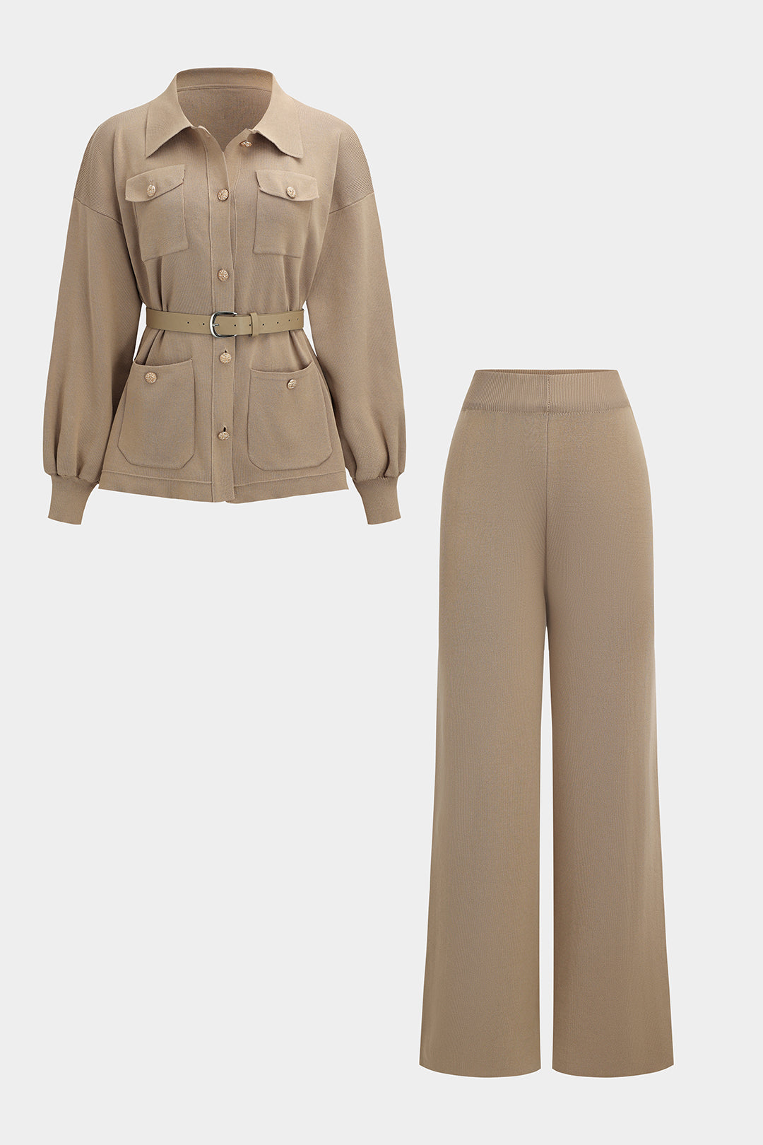 Knit Button Pocket Belted Long Sleeve Top And Wide Leg Trousers Set – Micas