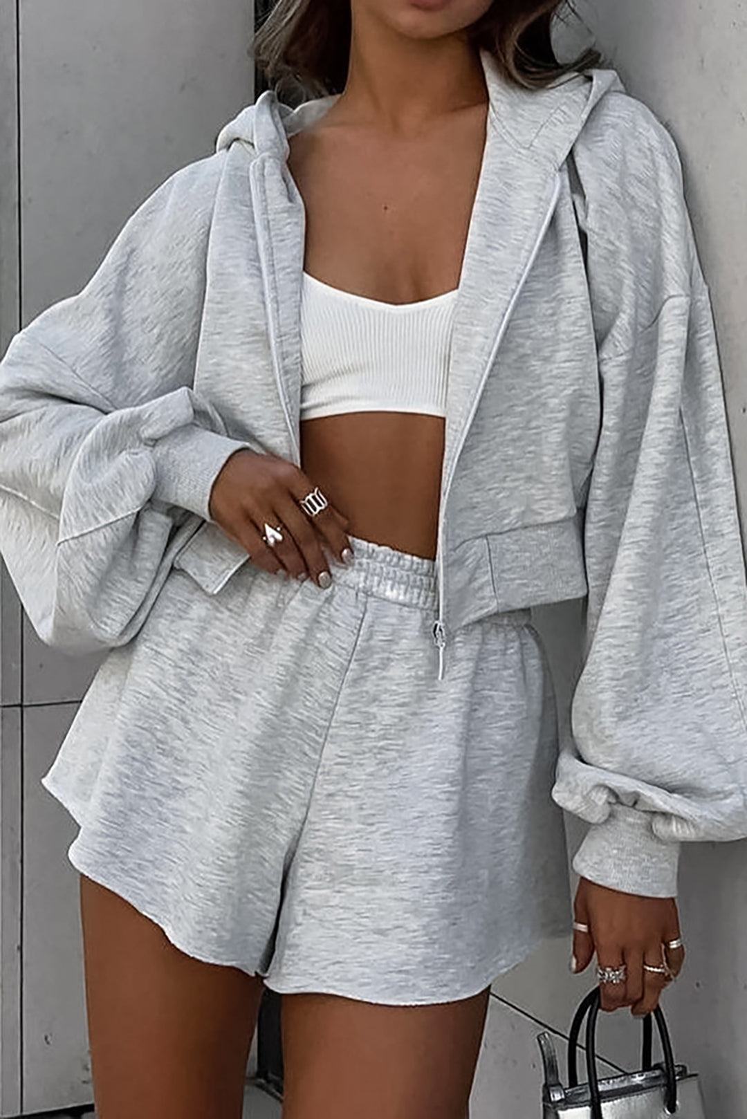 Solid Drawstring Zipper Hoodie And Shorts Set – Micas