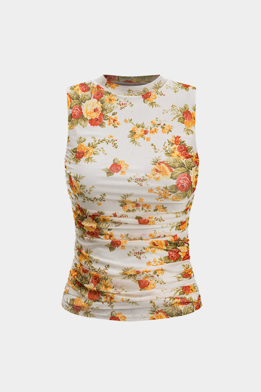 Floral Print Mesh Ruched Tank Top – Micas