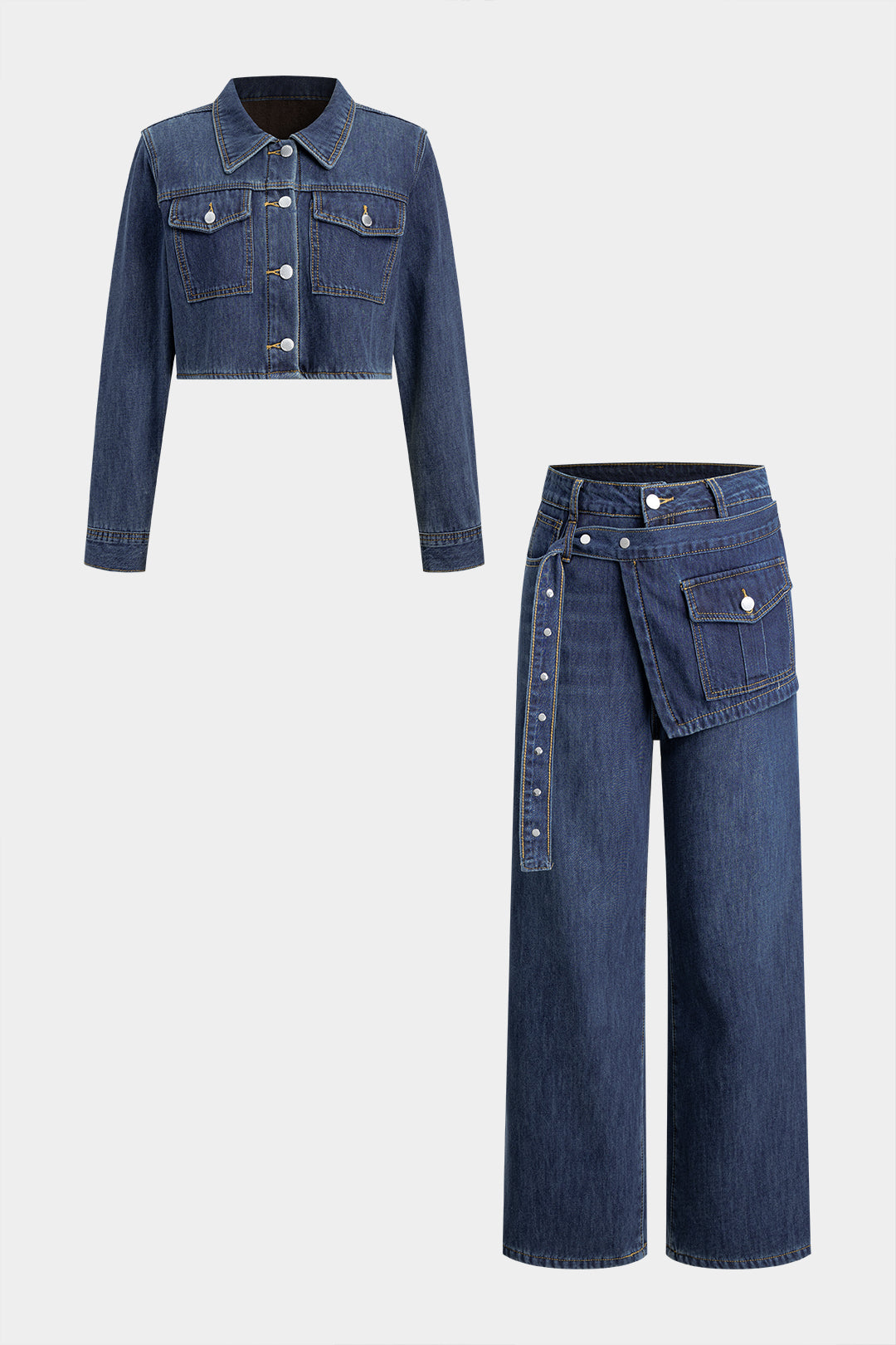 Denim Button Long-Sleeve Top And High Waist Asymmetrical Jeans Set – Micas
