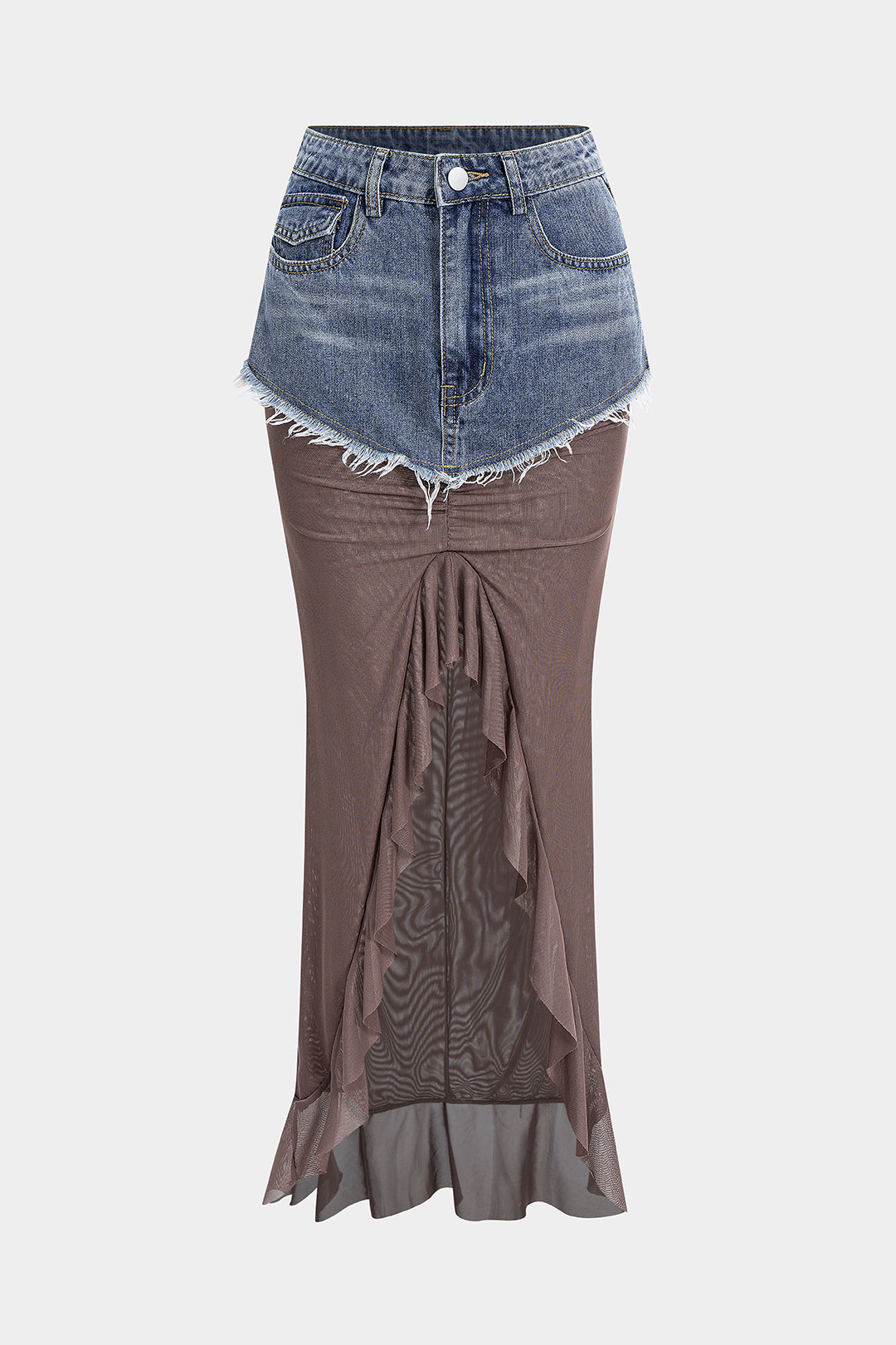 Denim Mesh Patchwork Frayed Ruched Ruffle Slit Skirt – Micas