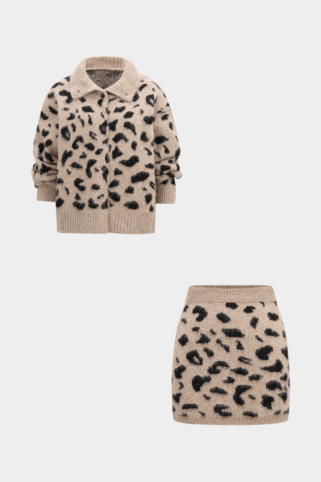 Knit Leopard Print Button Cardigan And Mini Skirt Set – Micas